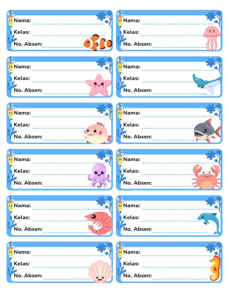 Warna-Warni Lucu Simpel Ceria Label Nama Sekolah Anak Dokumen A4 | PDF