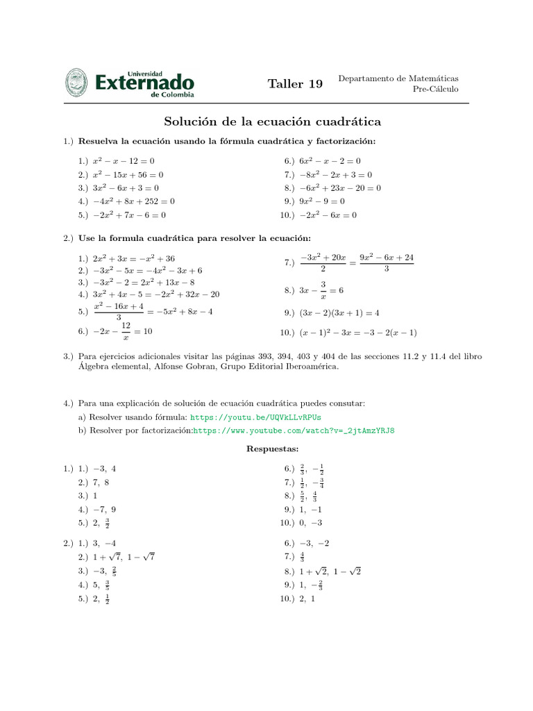 Taller 19 Ecuaciones Cuadr Ticas | PDF | Matemáticas | Álgebra