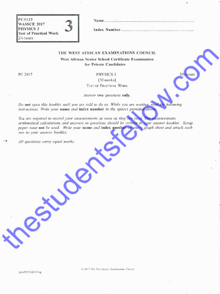WASSCE Physics Practival Past Questions 2017 | PDF
