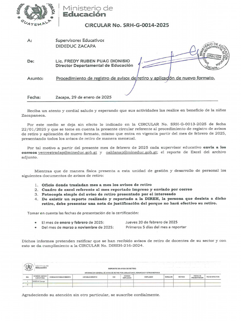 Circular Avisos Retiro y Aplicacion de Nuevo Formato | PDF
