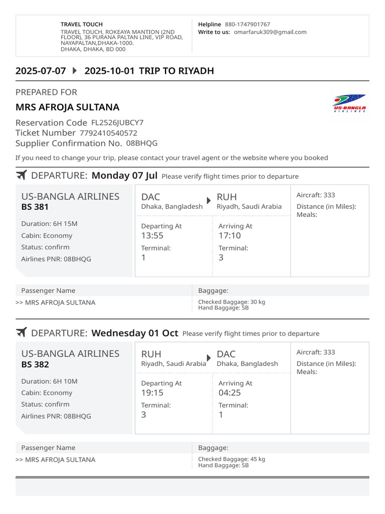 2025-07-07 2025-10-01 TRIP TO RIYADH Mrs Afroja Sultana: Monday 07 Jul | PDF | Transport | Aviation