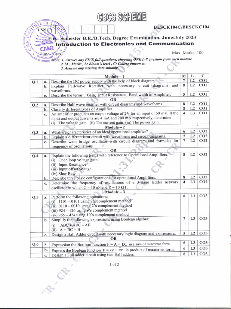 VTU Question Paper of BESCK104C Introduction To El - 250628 - 211248 | PDF