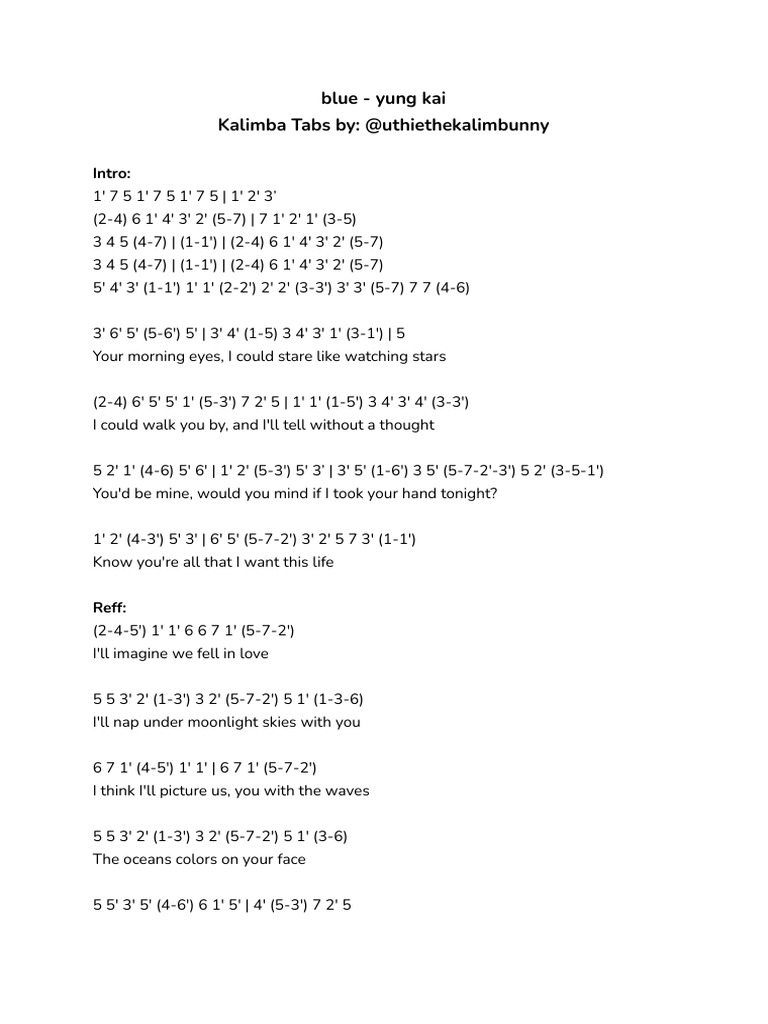 Blue - Yung Kai (Kalimba Full Tabs by - @uthiewthekalimbunny) | PDF