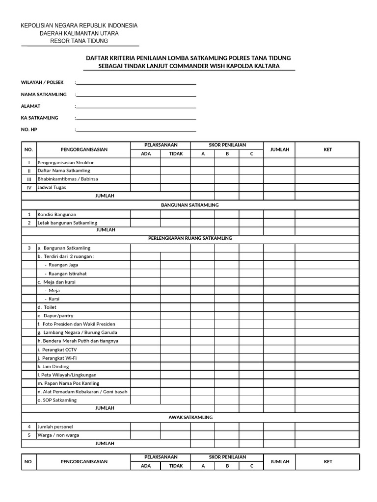 Kriteria Penilaian Lomba Satkamling 2024 KTT | PDF