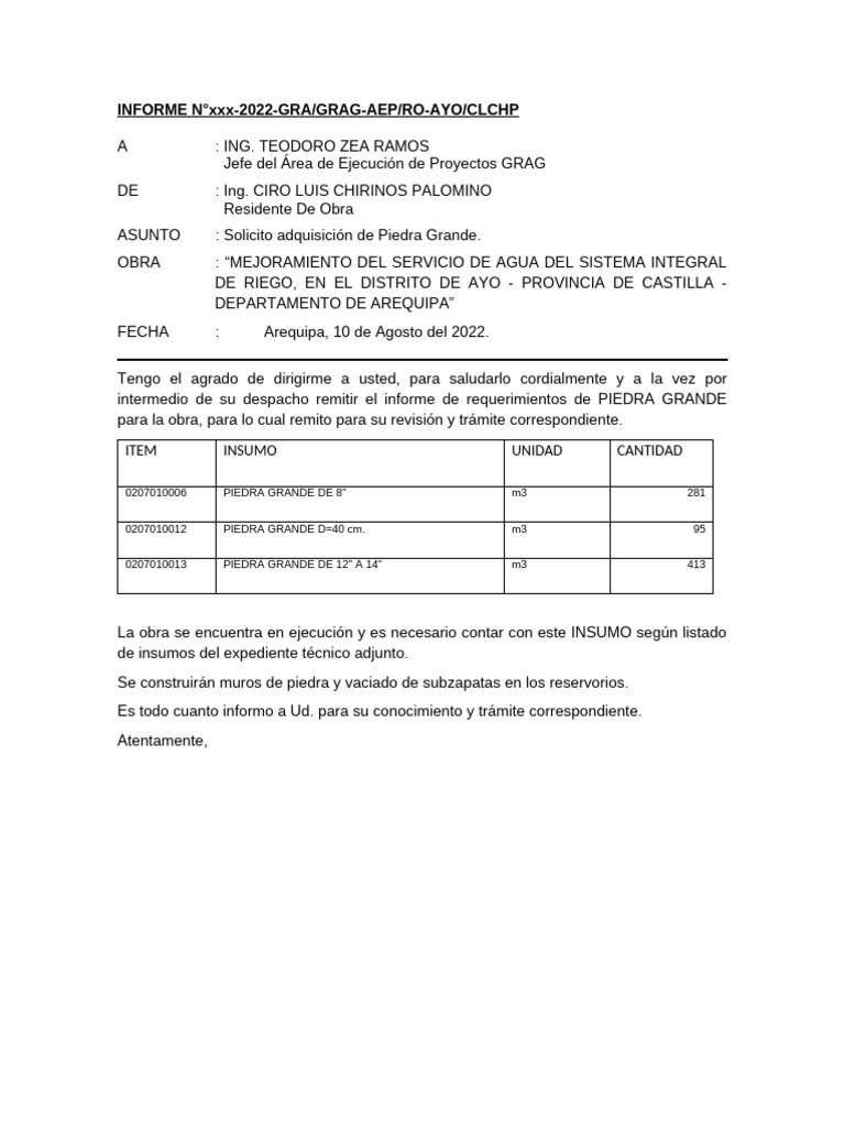 Req y EETT piedra ayo Agosto 2022 | PDF
