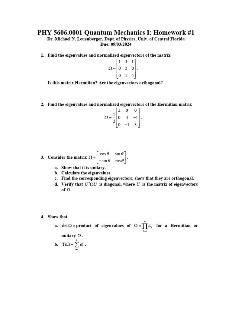 PHY 5606 - Quantum Mechanics I - Homework 1 - Fall 2024 | PDF