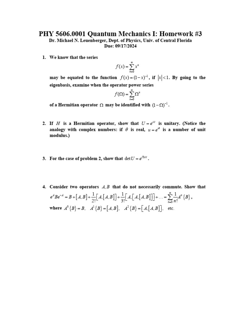 PHY 5606 - Quantum Mechanics I - Homework 3 - Fall 2024 | PDF
