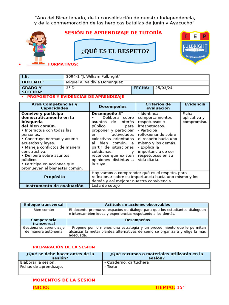 Sesion Tutoria 25-03-24 El Respeto | PDF | Aprendizaje | Autoestima