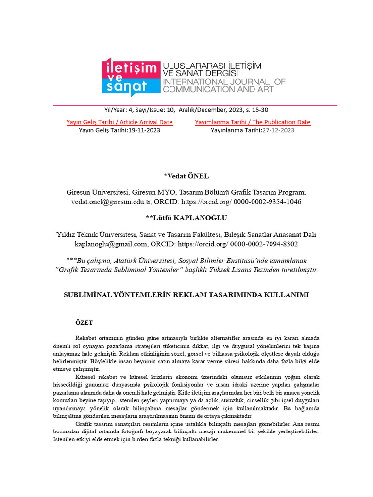 Subli̇mi̇nal Yöntemleri̇n Reklam Tasariminda Kullanimi | PDF