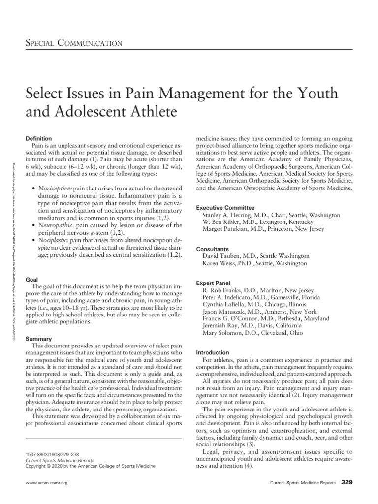Select Issues in Pain Management For The Youth and Adolescent Athlete ...