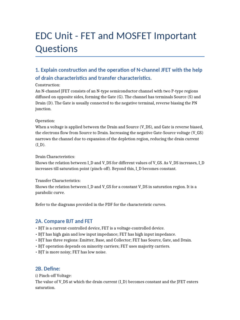 Edc Unit Fet Mosfet Answers | PDF | Field Effect Transistor | Mosfet