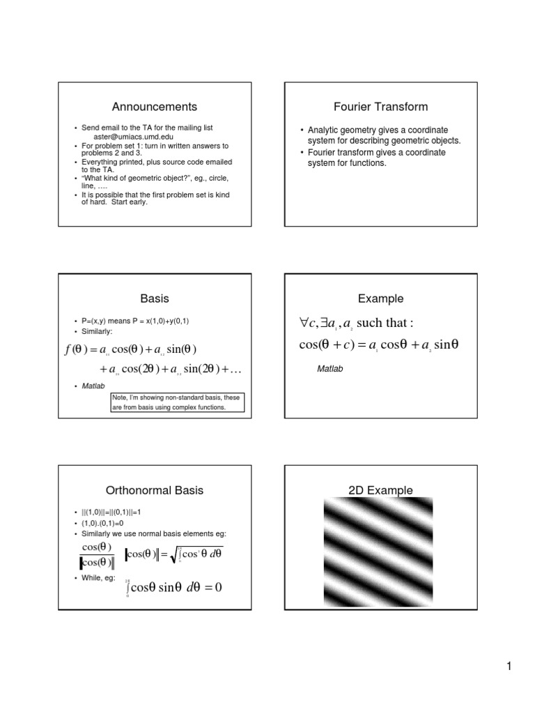 Announcements Fourier Transform: Sin Cos) Cos (: Such That | PDF | Trigonometric Functions ...