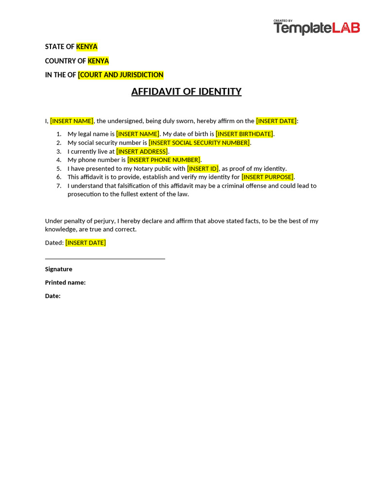 Affidavit of Identity Template Kenya | PDF