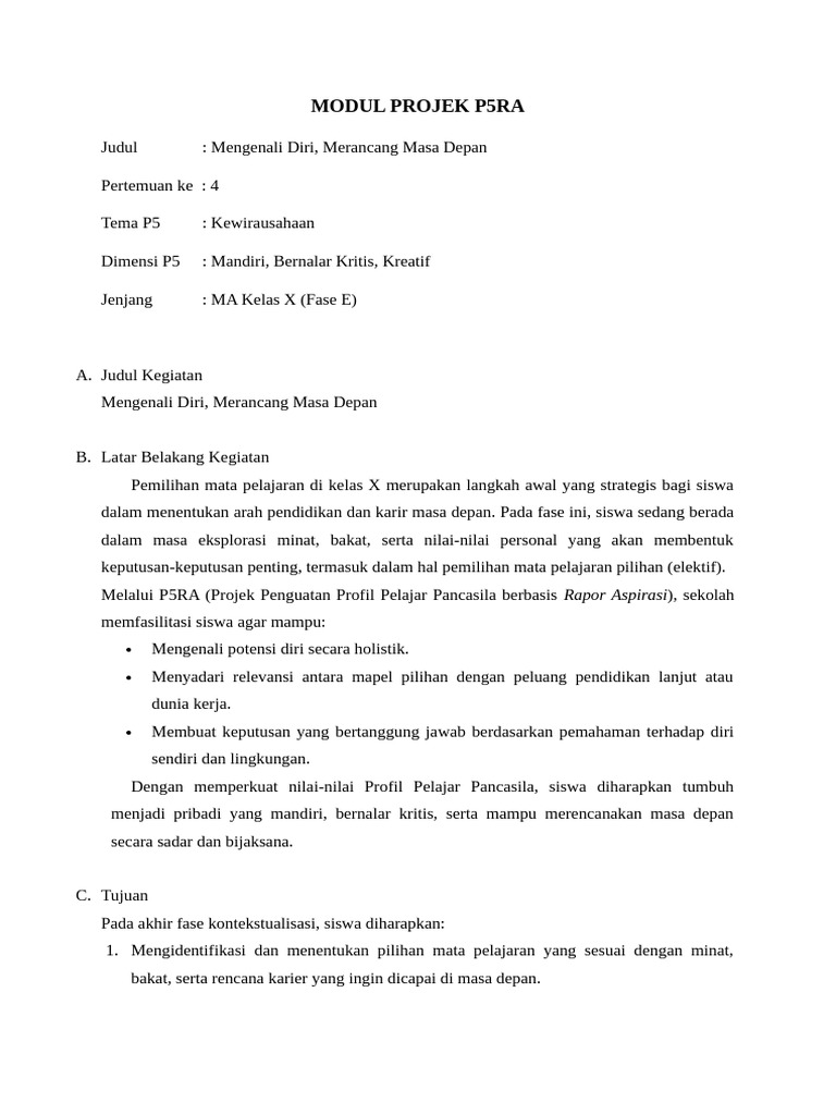 MODUL PROJEK P5RA Pertemuan Ke-4 Tahap Aksi Karir Plan Dan Surat Untuk Masa Depan | PDF