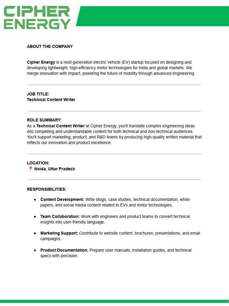Content Writer Intern JD - Cipher Energy | PDF | Communication | Human ...