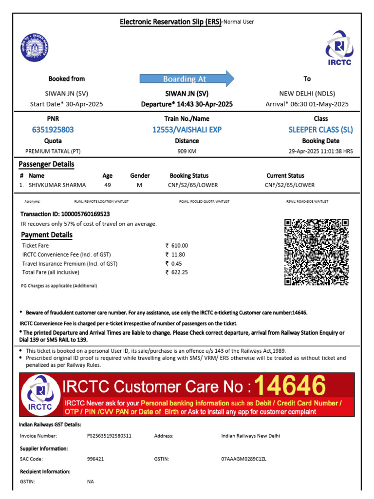 Indian Railway Ticket Format | PDF | Identity Document