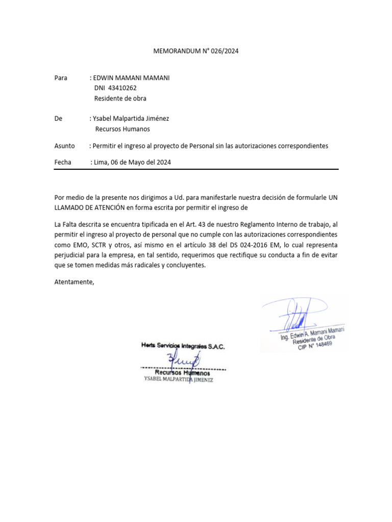 Memorandum N 026-2024 Mamani Edwin | PDF