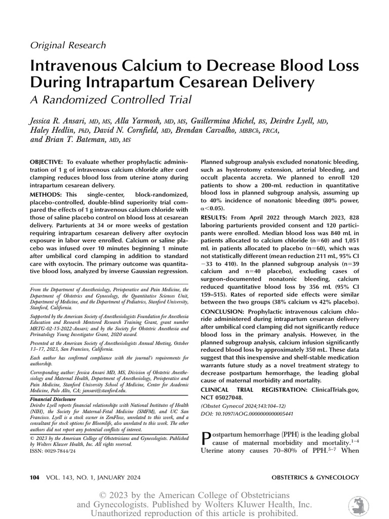 Intravenous Calcium To Decrease Blood Loss During Intrapartum Cesarean ...