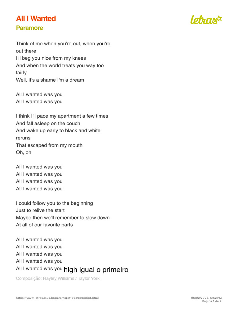 ALL I WANTED - Paramore (Impressão) | PDF