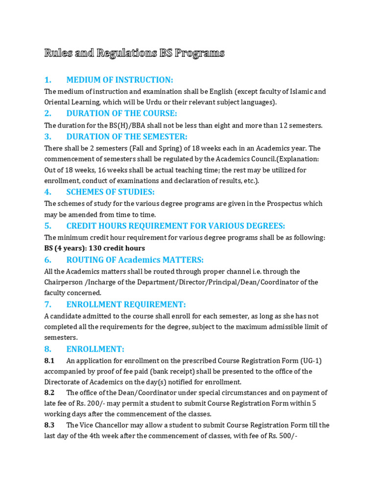 Rules and Regulations BS Programs | PDF | Thesis | Course Credit