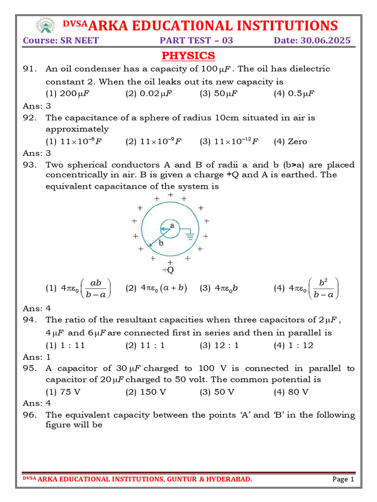 SR Neet - Phy - PT-03 - 30.06.2025 | PDF | Capacitor | Capacitance