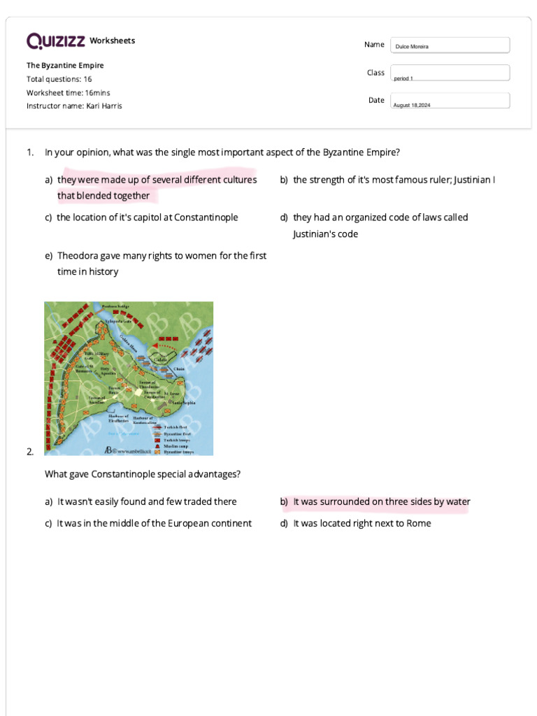 Byzantine Empire Quiz Worksheet | PDF | Justinian I | Constantinople