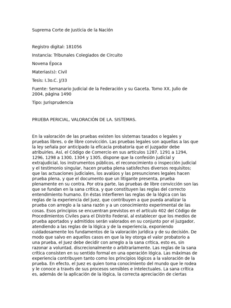 Valoración de Pruebas Periciales en Derecho | PDF | Evidencia (ley ...