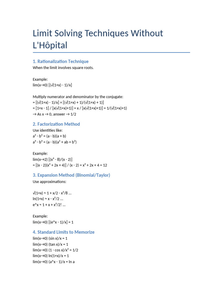 Limit Solving Techniques CheatSheet | PDF