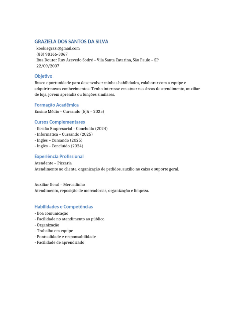 Currículo de Graziela da Silva - Atendimento e Vendas | PDF