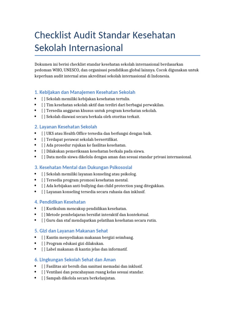 Checklist Standar Kesehatan Sekolah Internasional | PDF