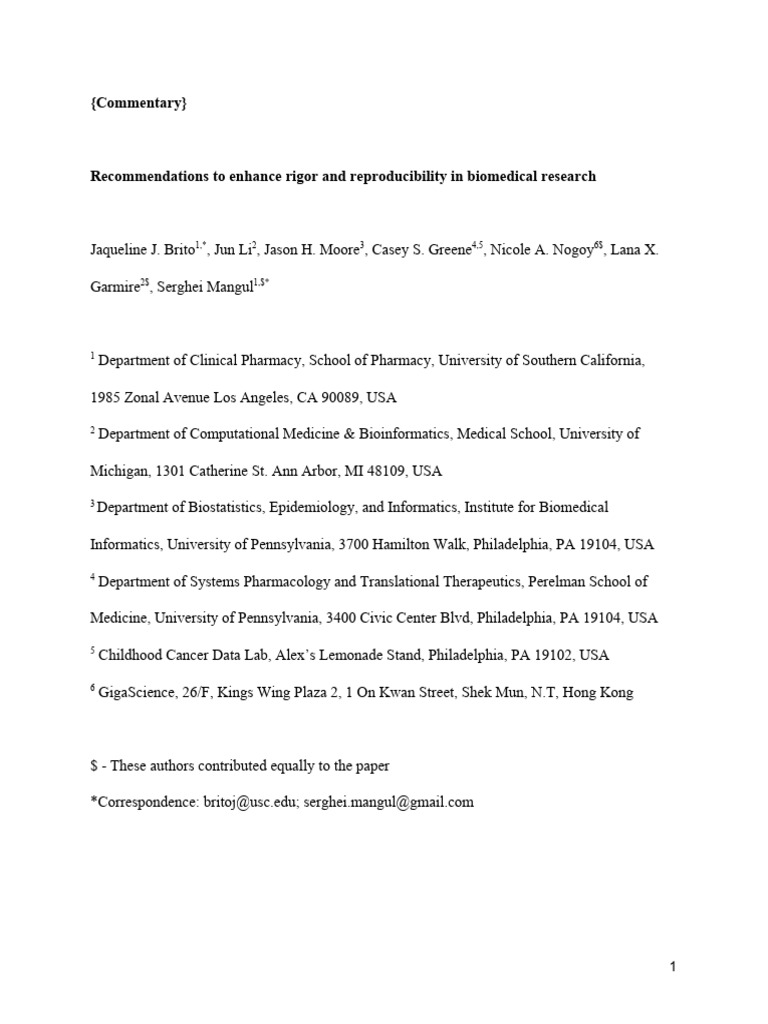 Recommendations To Enhance Rigor and Reproducibility in Biomedical Research | PDF | Data | Software