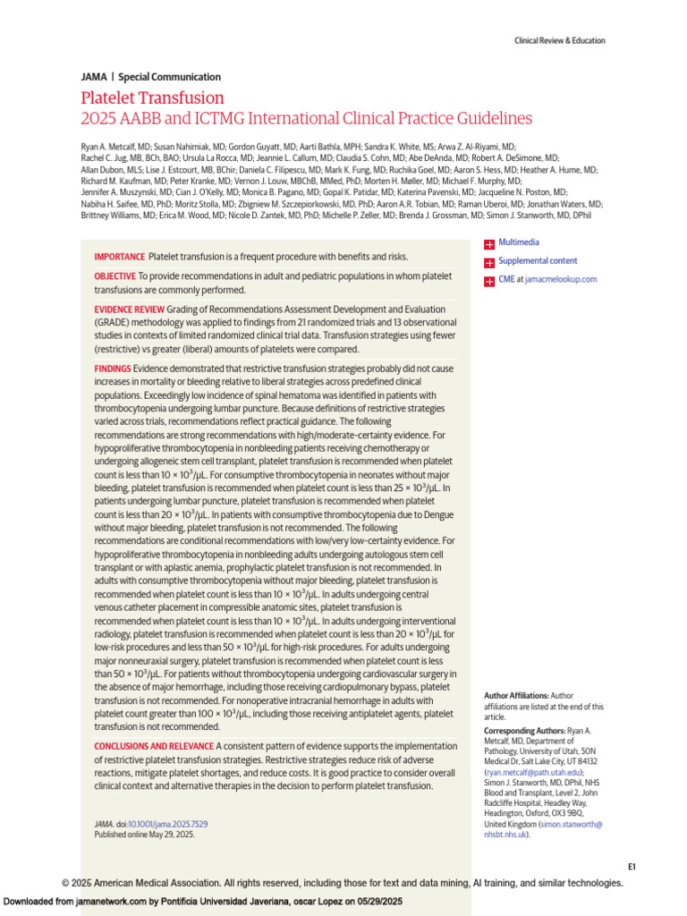 2025 Platelet Transfusion Guidelines | PDF | Blood Transfusion ...