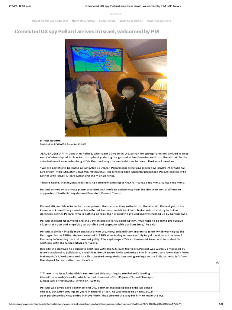 Convicted US Spy Pollard Arrives in Israel, Welcomed by PM - AP News ...