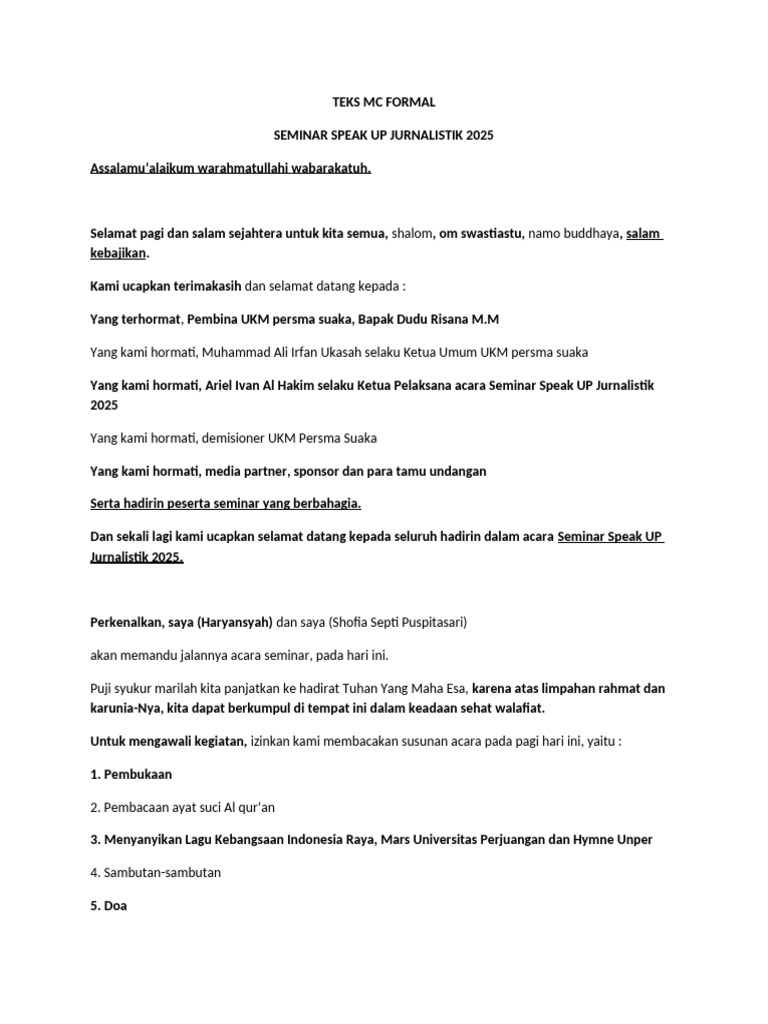 Teks MC Formal Seminar Jurnalistik 2025 Fiks Yaw | PDF