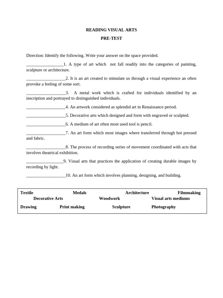 Visual Arts Pre-Test Questions | PDF