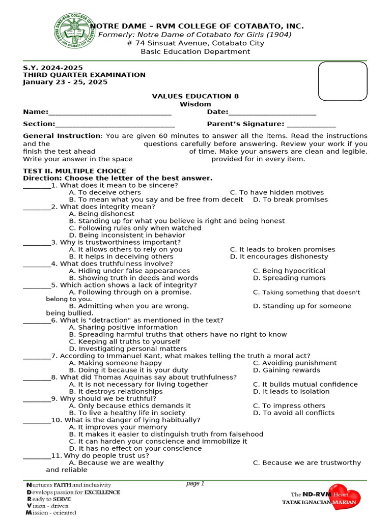 Values Education 8 Exam Guide | PDF | Lie | Truth
