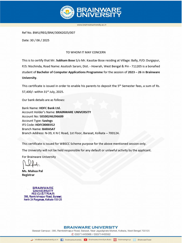 Letter For Subham Bose Bca 2023 WBSCC 30062025007 | PDF