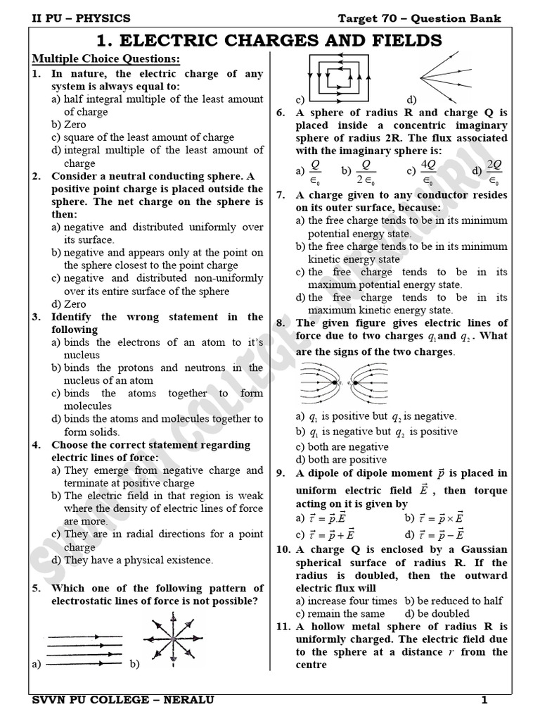 II PU Physics Question Bank 2025 | PDF | Electric Field | Force