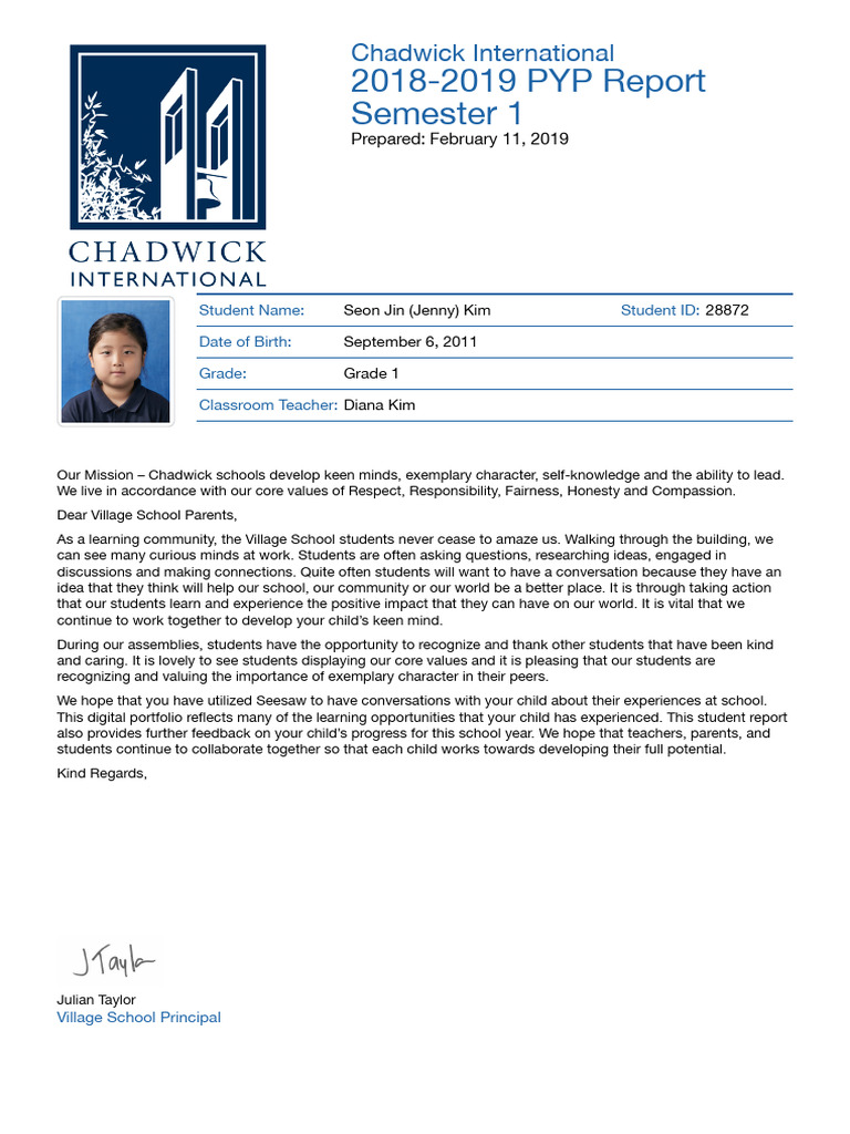 2018-2019 PYP Report Semester 1 | PDF | Learning | Thought
