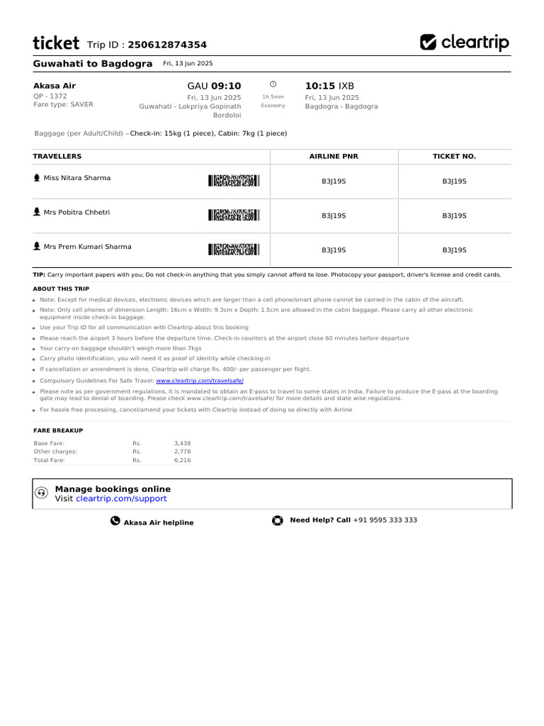 Cleartrip Flight Domestic E-Ticket | PDF | Identity Document | Aviation