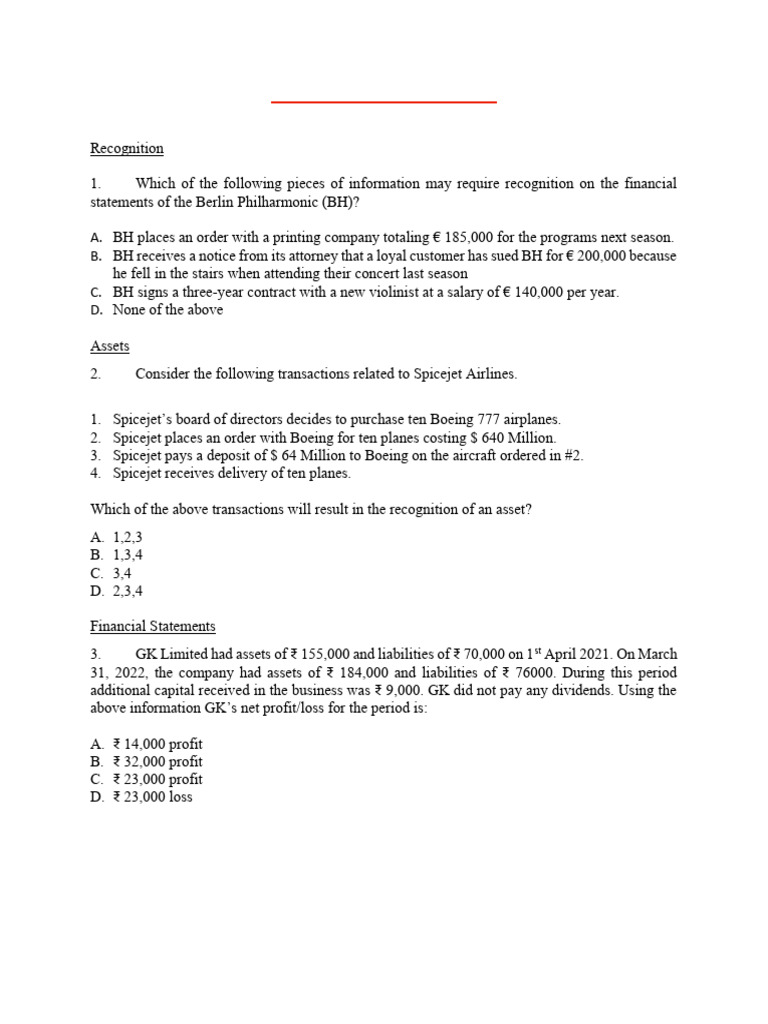 AFD Sample Quiz on Financial Recognition | PDF | Debits And Credits ...
