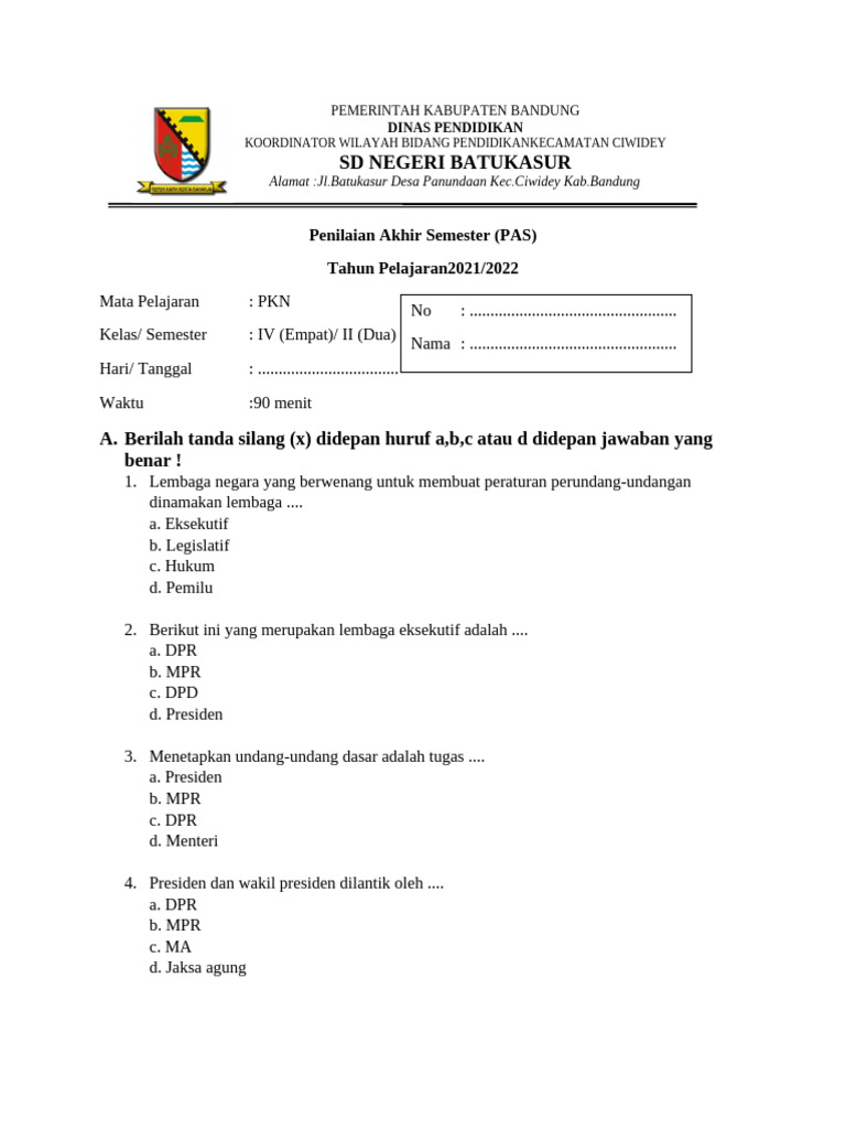 Soal Pat PKN Kelas 4 | PDF