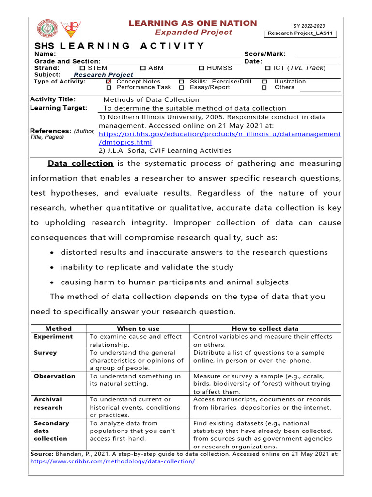 Research Project LAS 11 Methods of Data Collection | PDF | Data | Data ...