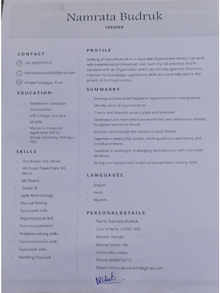 Namrata Budruk Resume | PDF