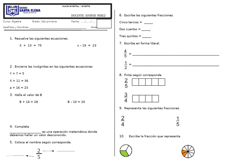 Examen Bimestral de Álgebra 2do Primaria | PDF