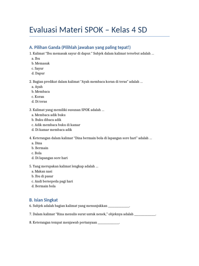 Evaluasi Materi SPOK Kelas 4 | PDF