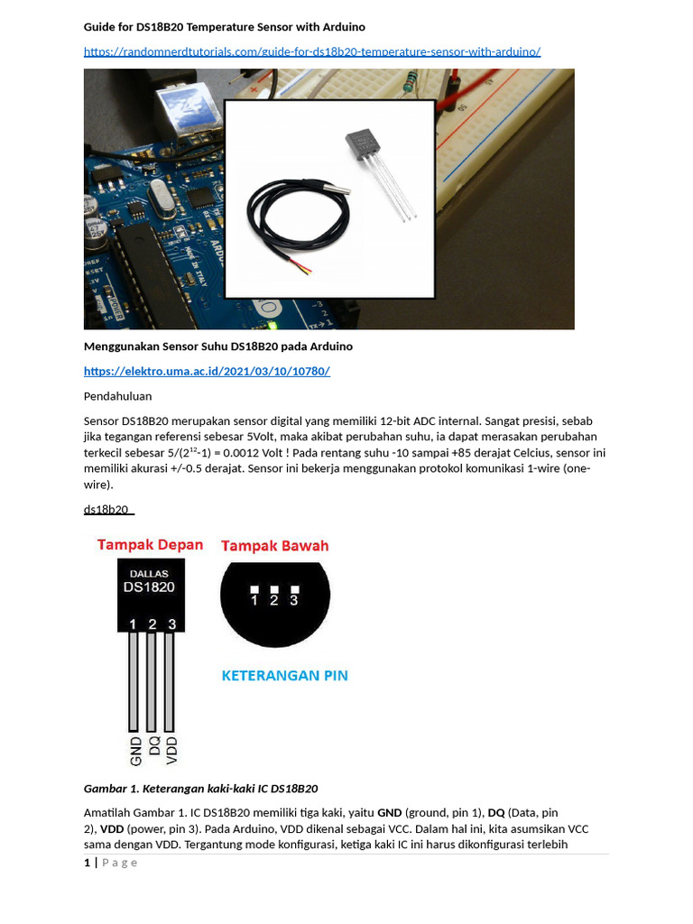 Guide for DS18B20 Temperature Sensor With Arduino | PDF