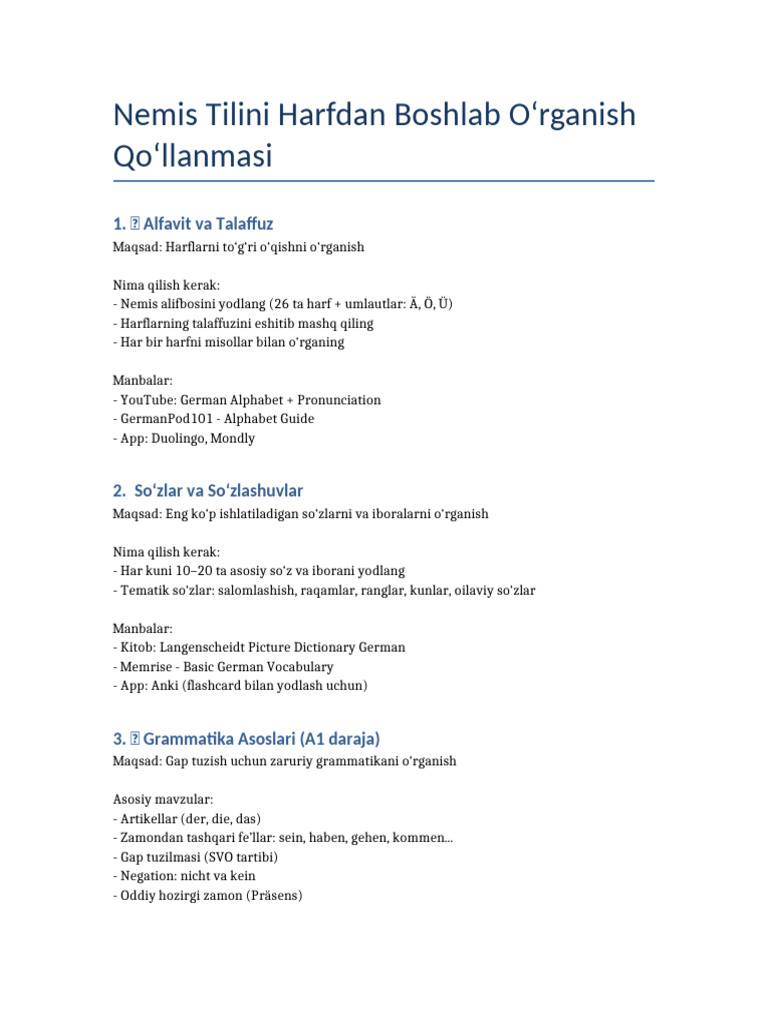 Nemis Tili Boshlangich Guide | PDF