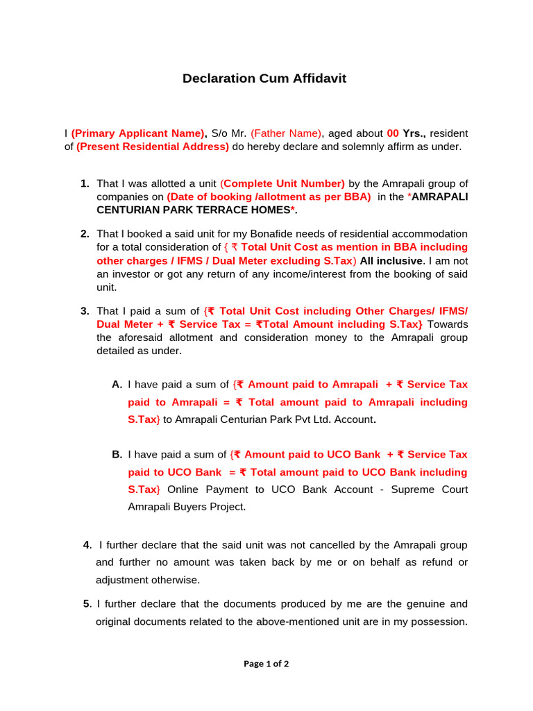 Sample Declaration Cum Affidavit On 10 Stamp Paper For NCDRC Petitioners | PDF