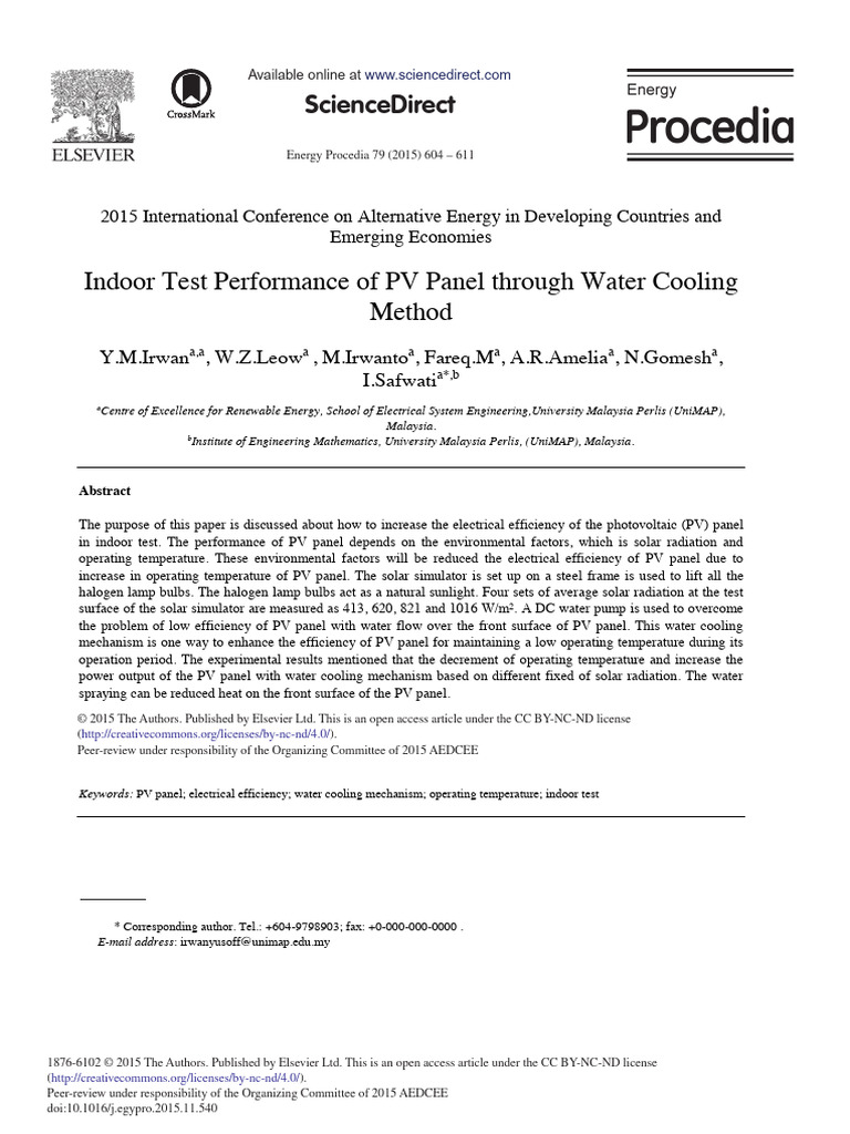 Indoor Test Performance of PV Panel Through Water Cooling Method | PDF ...